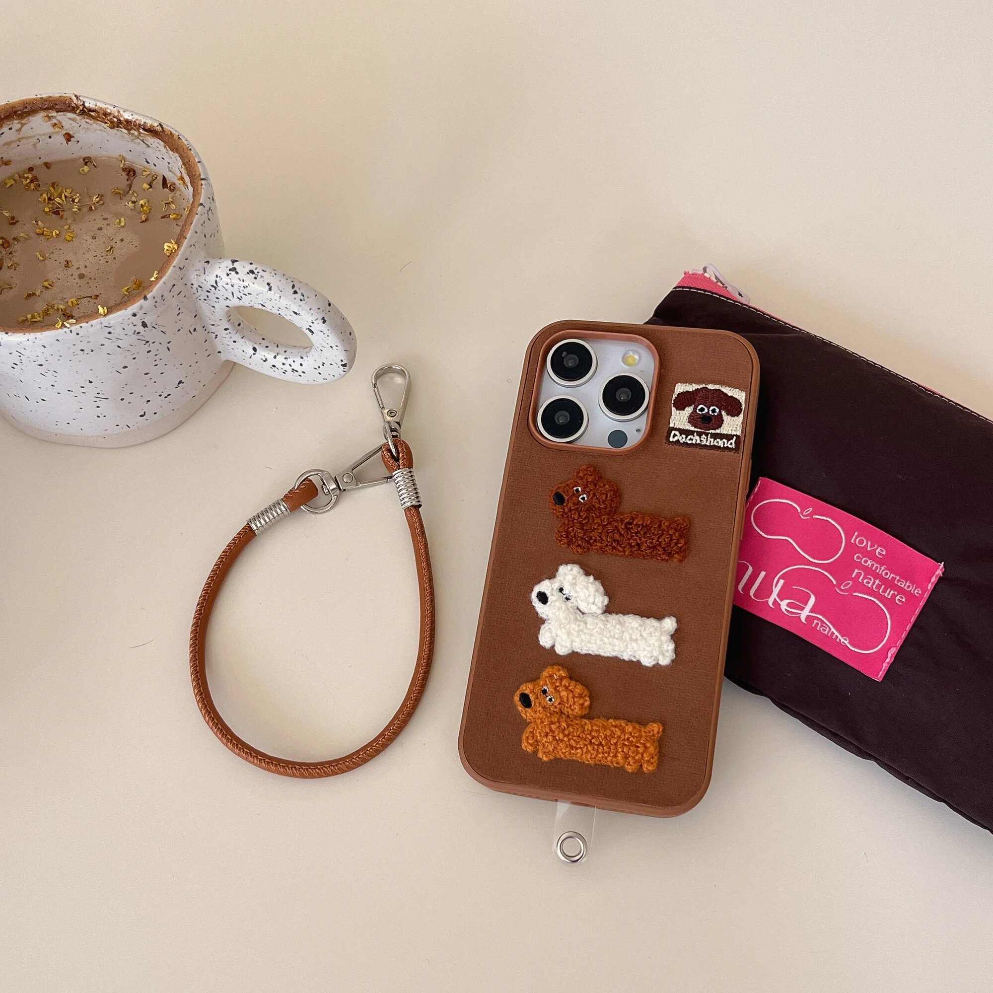 Милый Корейский Чехол Для Телефона С Вышивкой В Стиле Таксидермии Для iPhone17 Pro Max, Champagne