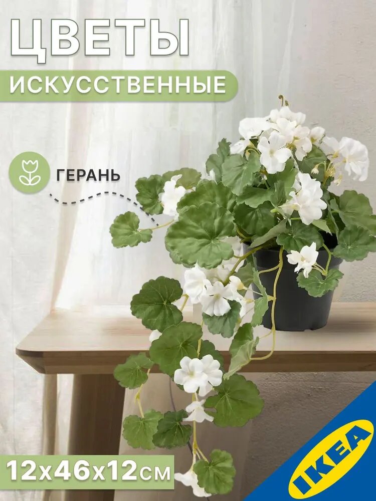 Искусственное растение в горшке Герань 12х46х12 см, подвесной белый/зеленый IKEA FEJKA фейка