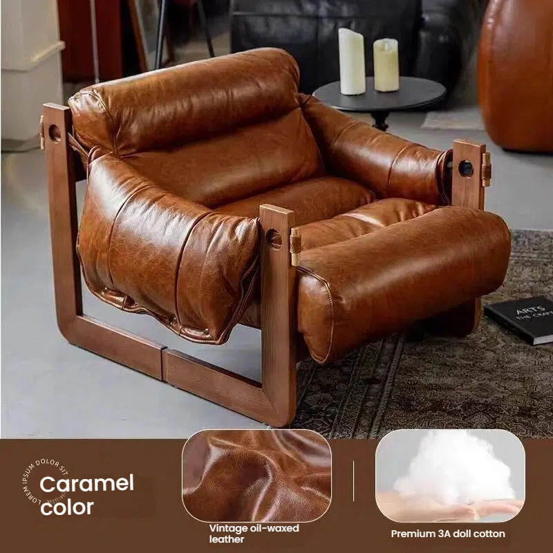 Диван-реклайнер, натуральная кожа, массив дерева, ширина 95 см，карамельный