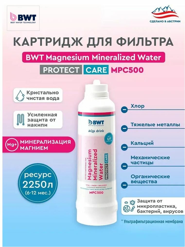 Картридж для фильтра под мойку BWT MPC500 Magnesium Mineralized Water/Минерализация Магнием, усиленная защита от накипи, бактерий, микропластика