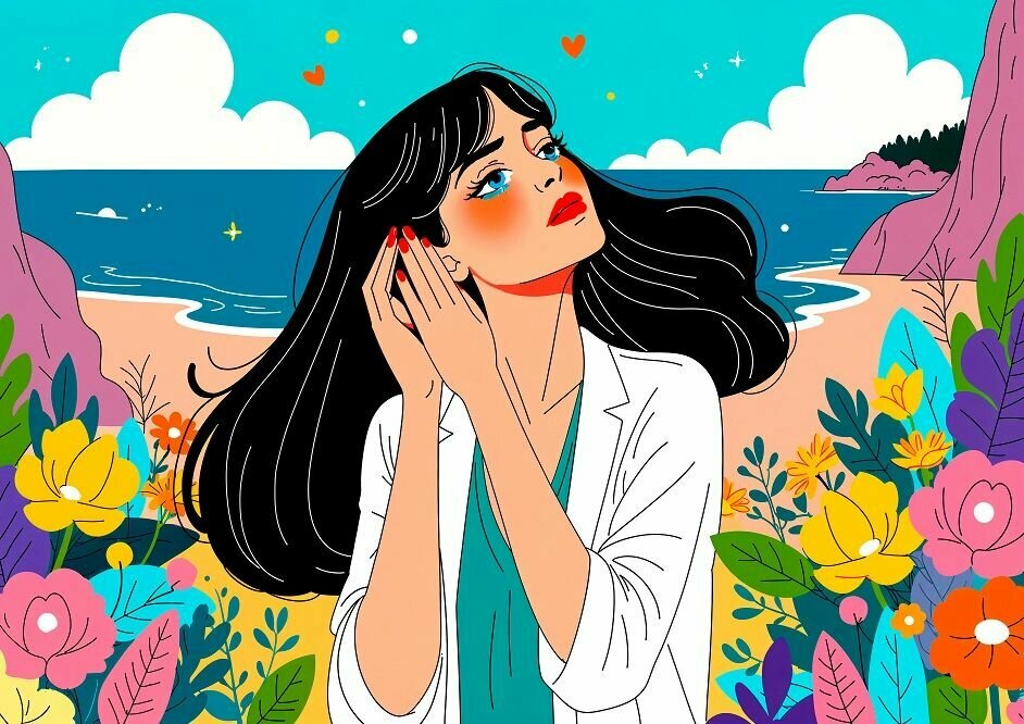 "Девушка у моря и цветы" - художественный постер. 20*31 см. Интерьерный А4_024.