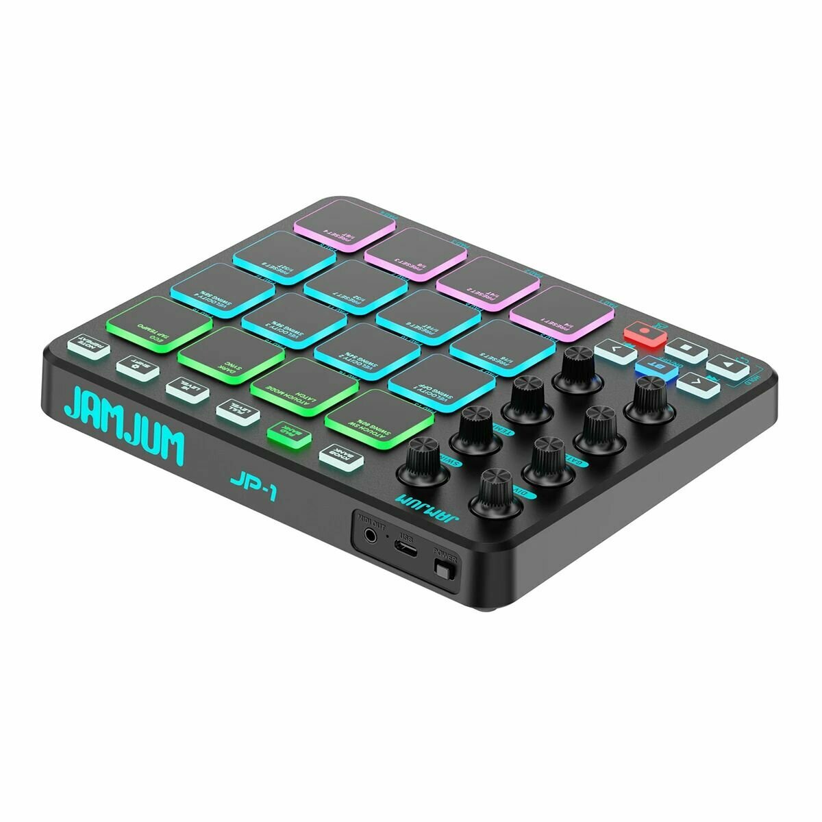 JAMJUM JP-1 беспроводный контроллер MIDI Pad 16 RGB Pads, 8 ручки, батарея 20H с BT и 3,5 мм выхода RGB освещения