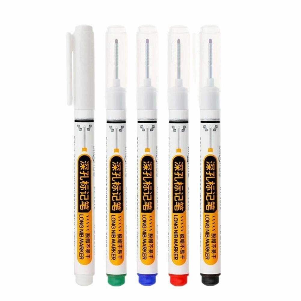 Маркер строительный тонкий разметочный с длинным наконечником / 5 шт (черный, красный, зеленый, синий, белый) / Маркеры строительные набор для разметки по металлу, дереву, стеклу, ткани
