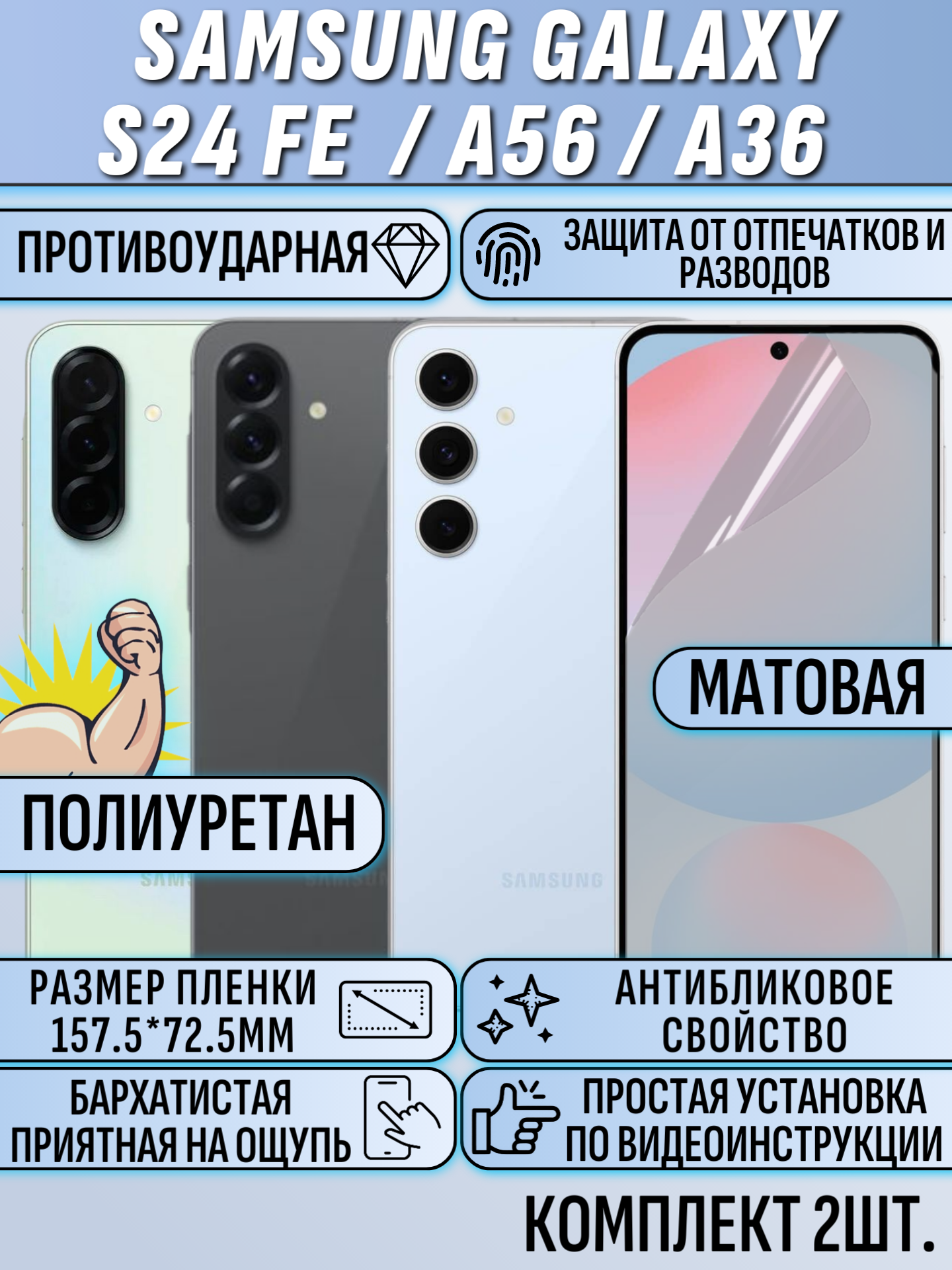 Гидрогелевая защитная пленка для Samsung S24 FE A56 A36 матовая 2шт