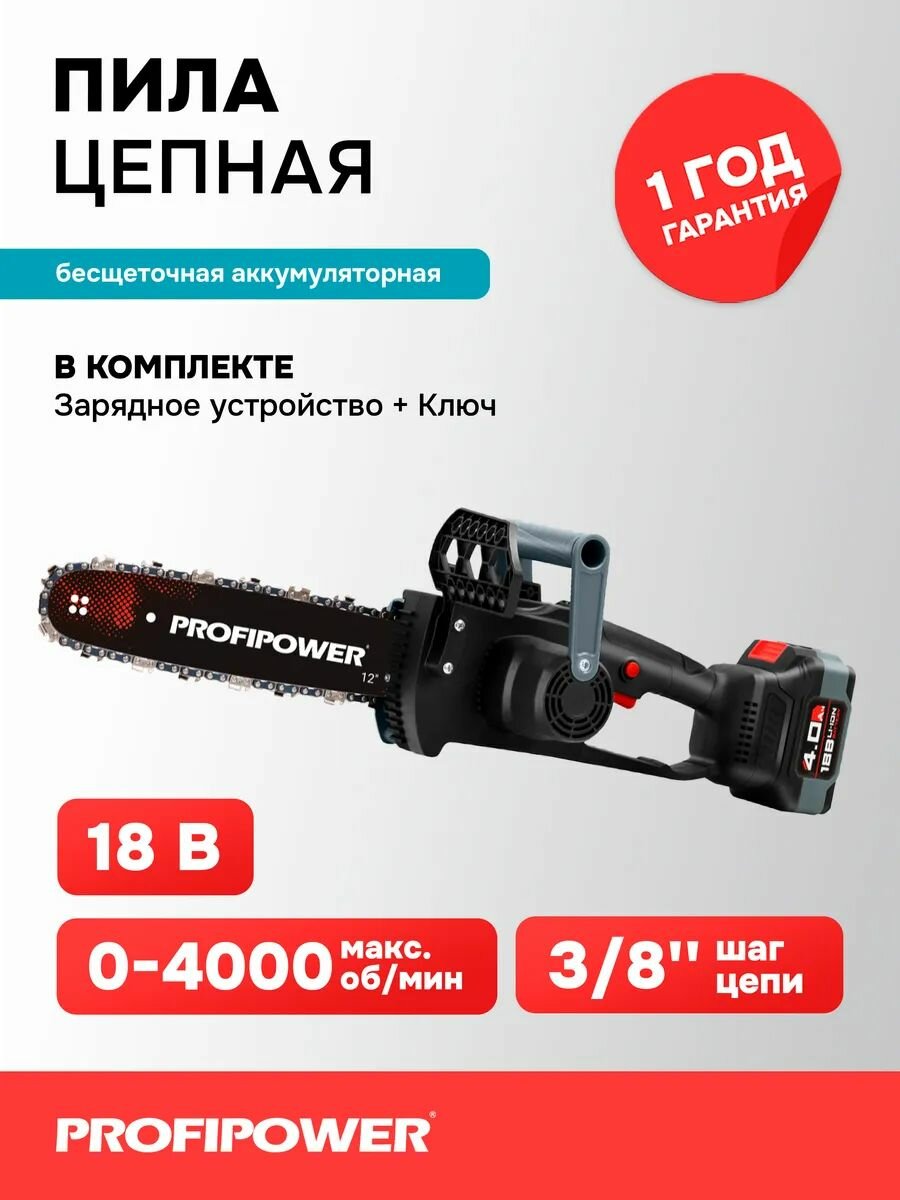 Цепная пила аккумуляторная ProfiPower MKDUC-18V, 1*4,0Ач, шина 12"/30см