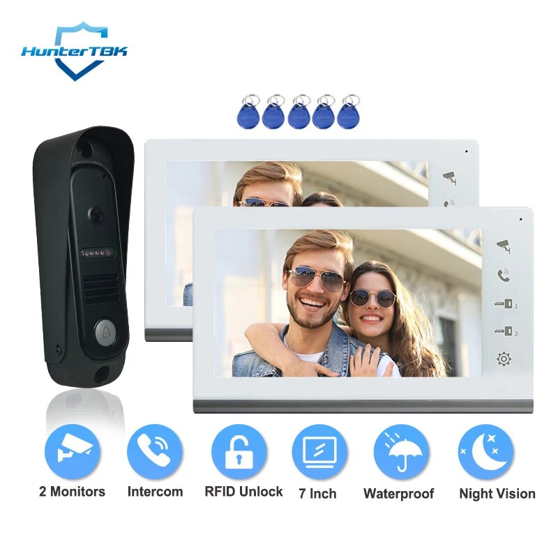 HunterTBK 7-дюймовый проводной видеодомофон с двумя внутренними экранами White Kit 2 Screens