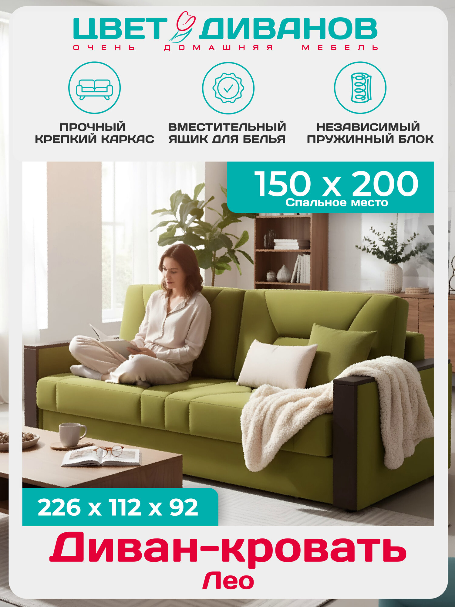 Раскладной диван-кровать прямой двуспальный в гостиную, еврокнижка Лео с ортопедическим матрасом, Цвет Диванов