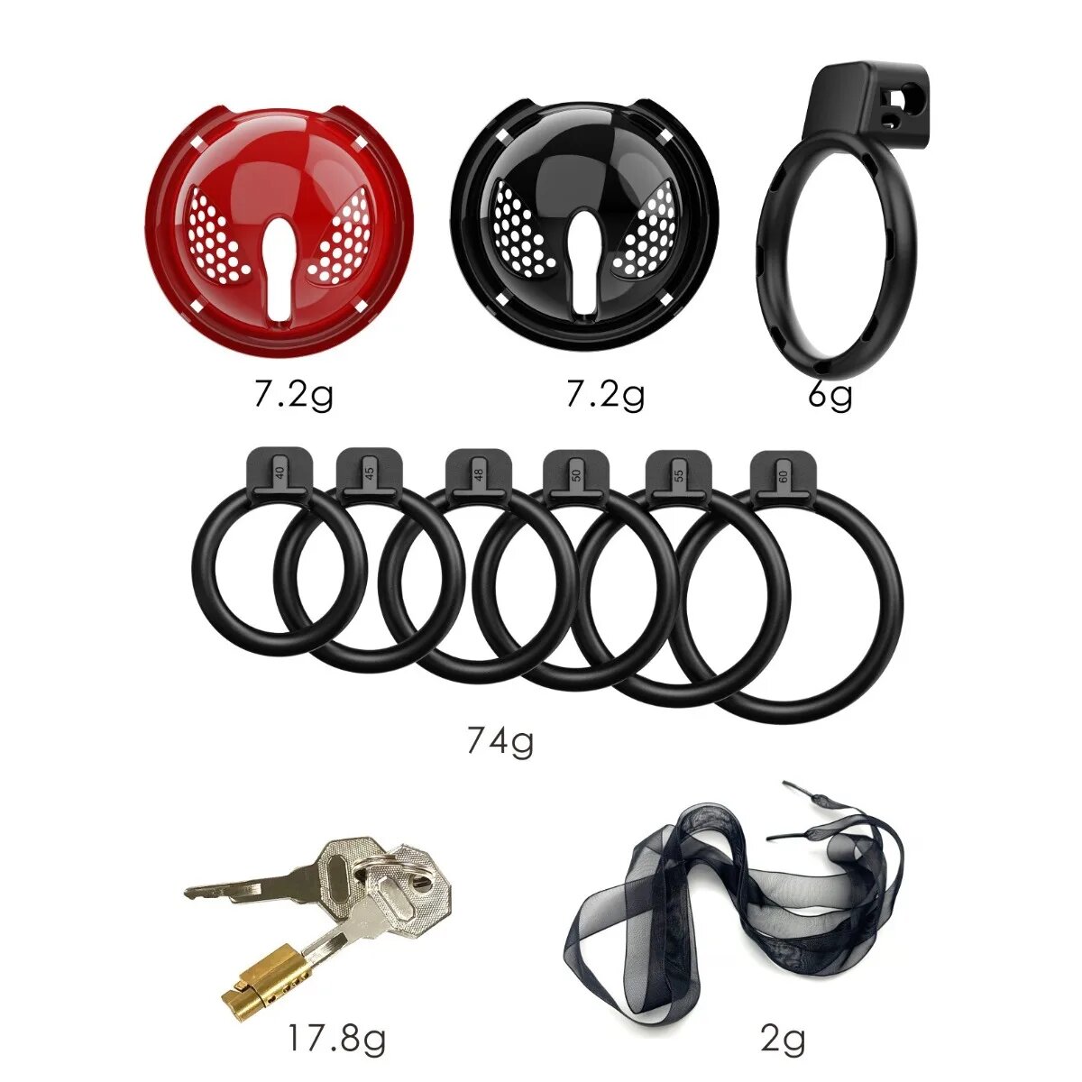 Мужская клетка целомудрия Сисси Уретральное устройство целомудрия с 6-мя Red Black Cage-6ring