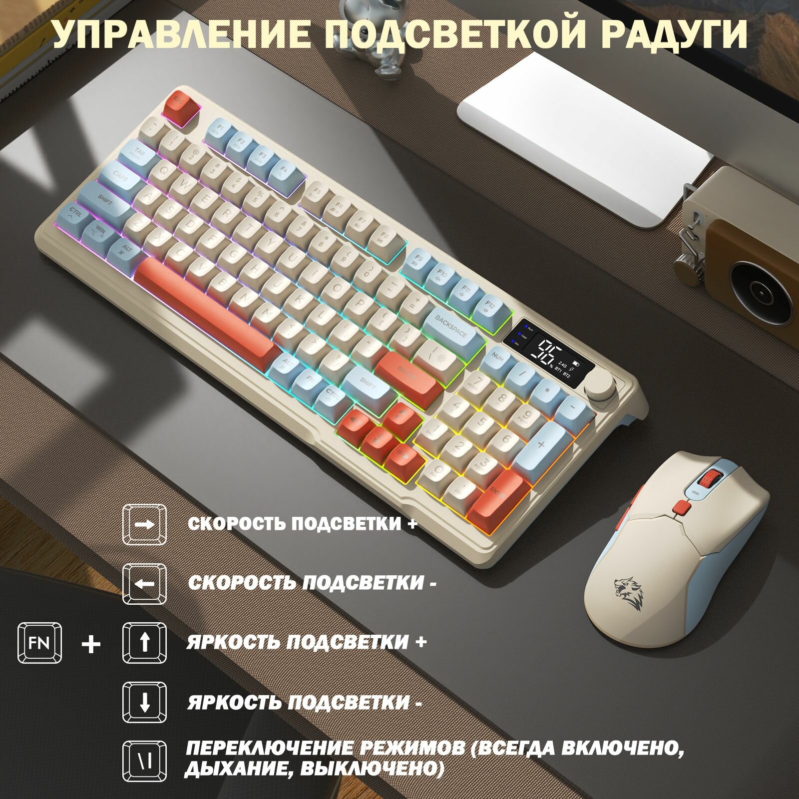 Беспроводной игровой комплект клавиатуры и мыши FREEWOLF T96 с радужной подсветкой, дисплеем, стилусом и двумя режимами подключения BT/2.4G, мышь с разрешением 4000 DPI