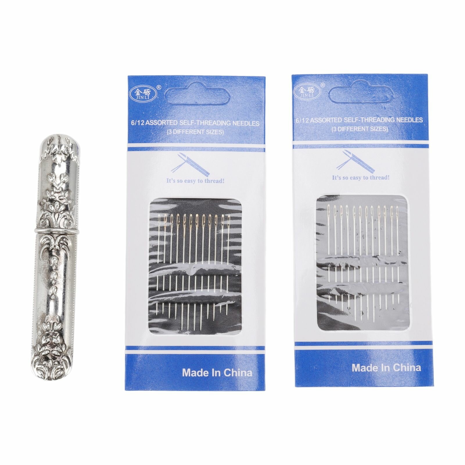 Ретро-игольница в европейском стиле, коробка для швейных игл ручной работы, трубка для хранения игл, серебряная игольница + 2 золотые иглы с хвостиком