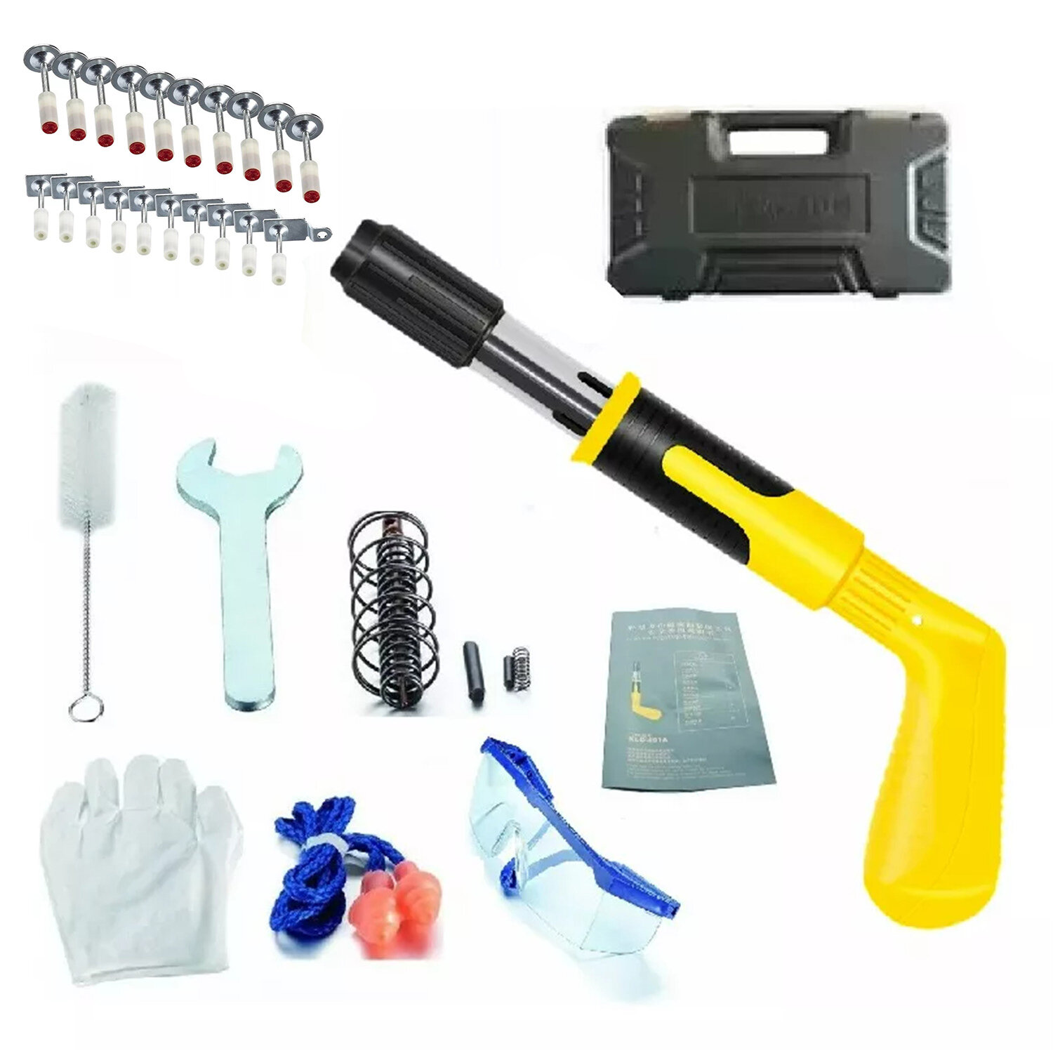 Набор для закрепления на стене 20 гвоздей портативный ручной инструмент малого шума для цементных стен стальной гвоздь стреляющий машина (включает очки защитные, ушные пломбы, перчатки, 20 гвоздей и инструменты) желтый металл пластик длина 33 см упаковка