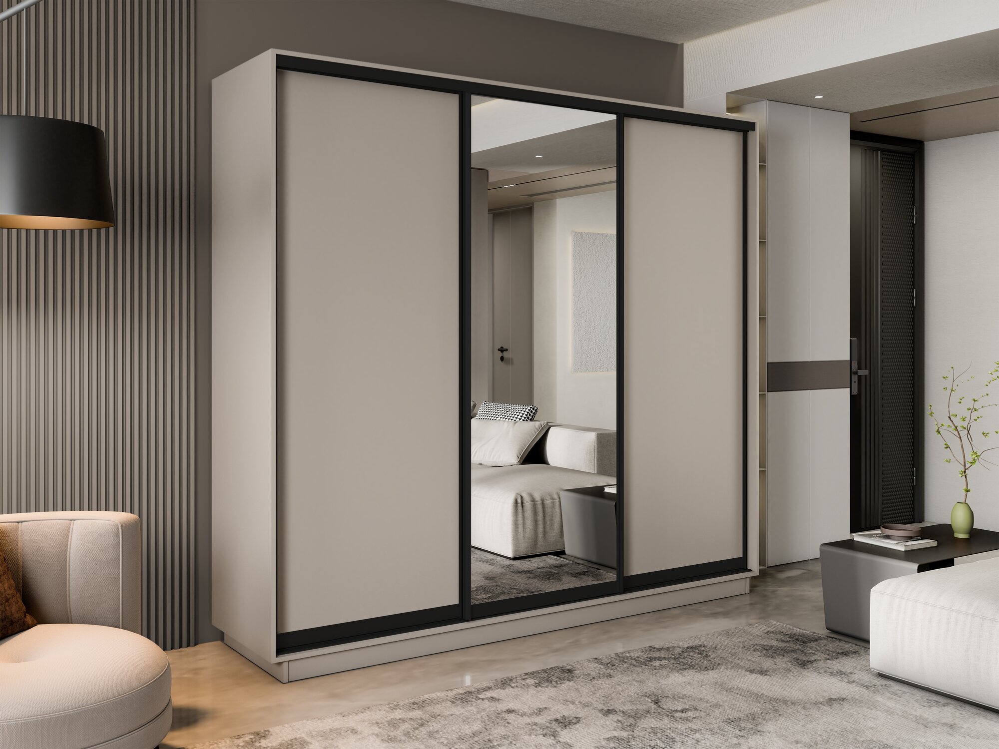 Шкаф купе Вилли 3-х дверный ЛДСП с зеркалом, профиль черный 180 см х 220 см х 45 см (Кашемир)