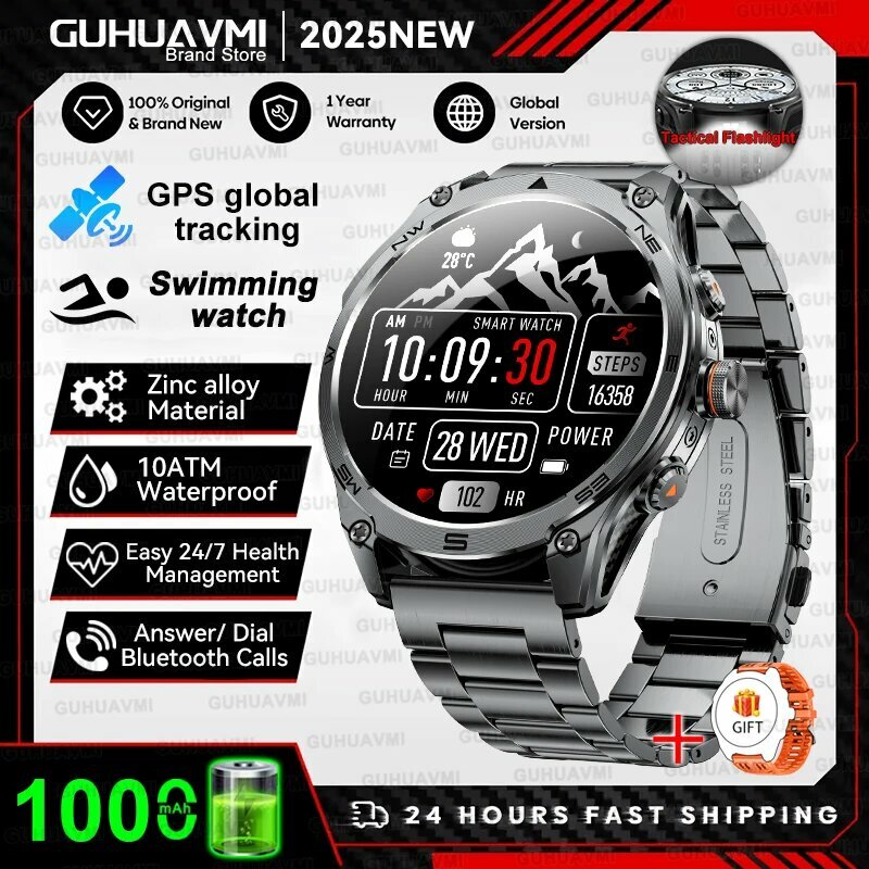 GPS смарт-часы мужские 2026 Black Steel Orange 10ATM