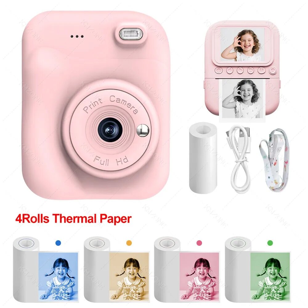 KMZONE Мини-фотопринтер для детей Pink-4Rolls Mix