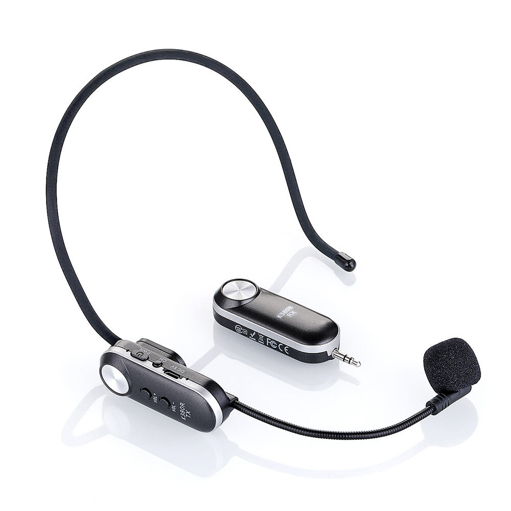 Беспроводной гарнитурный микрофон UHF с приемником Music Element System для усилителя голоса, модели K380R, цвет серый, материал алюминиевый сплав, железо и пластик, рабочее расстояние 25 метров (без препятствий), 15 метров (через стены), батарея 400mAh,