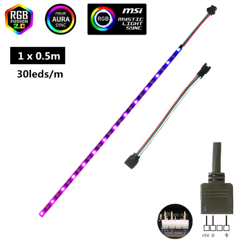 HERULED RGB адресная светодиодная лента 5В для компьютера 1 x 0.5m 30leds, IP30 Non waterproof