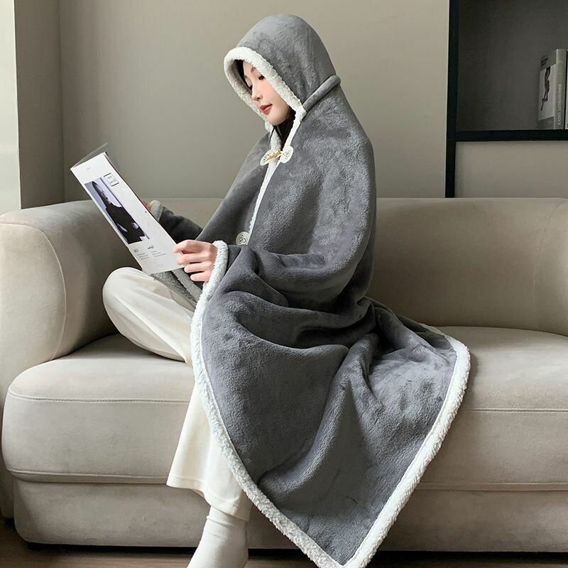 Большой плед-накидка с капюшоном, утолщенный плюшевый плащ, студенческий плед, офисный ленивый плед