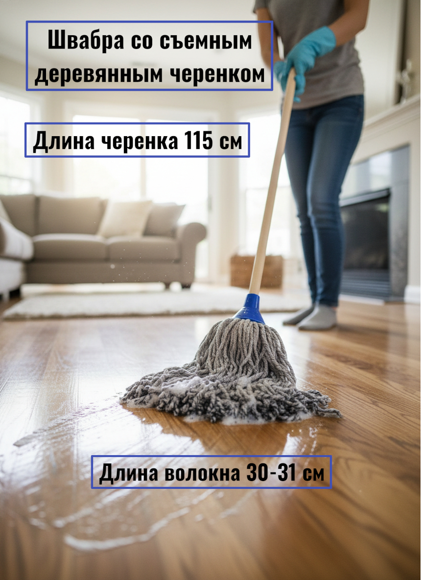 Швабра MIROPTRU, с насадкой из волокон, деревянный черенок, длина черенка 115см