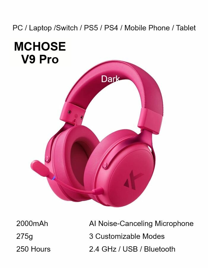 MCHOSE Наушники с микрофоном, Bluetooth, Радиоканал, темно-розовый