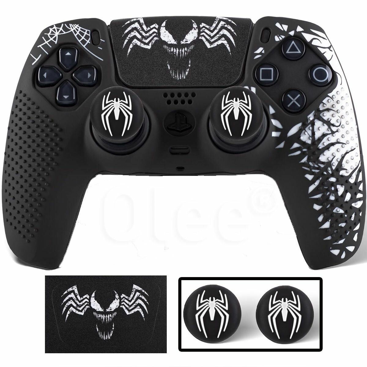 Нескользящий силиконовый чехол для контроллера PS5 с колпачками, для джойстиков x 2 и наклейкой x 1-Напечатайте черный паук + наклейка + вогнутая крышка