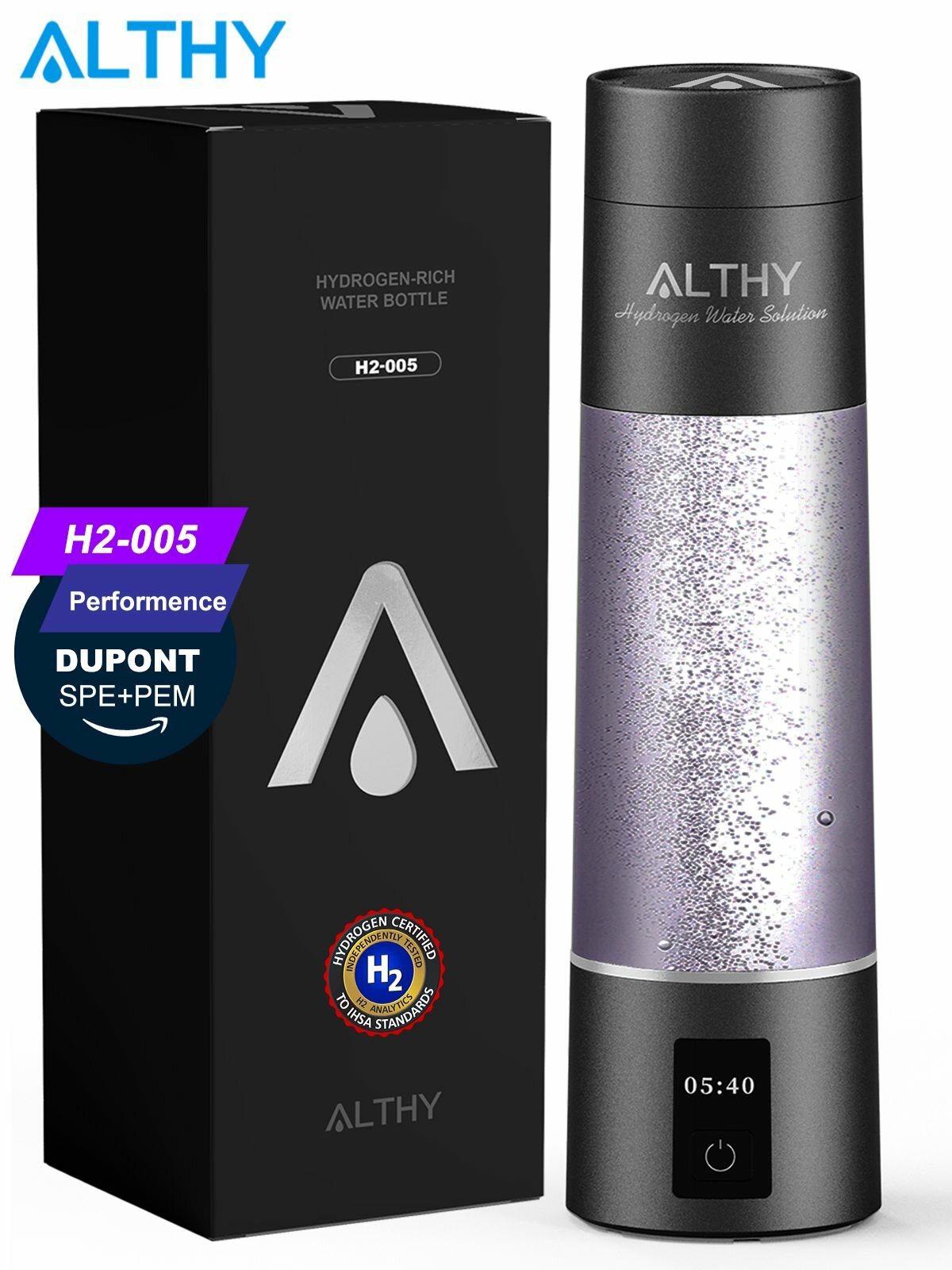 Водородная бутылка, Генератор водородной воды, ALTHY H2-005, Performance DuPont SPE & PEM Двухкамерная технология, Портативный ионизатор воды, Отображение времени батареи