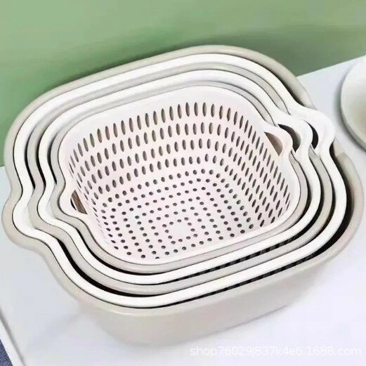 Оптовая утолщенная дренажная корзина, набор из 8 предметов, корзина для фруктов, поднос для мытья овощей, многофункциональный квадратный набор из 6 предметов, двухслойная фруктовая чаша из материала PP