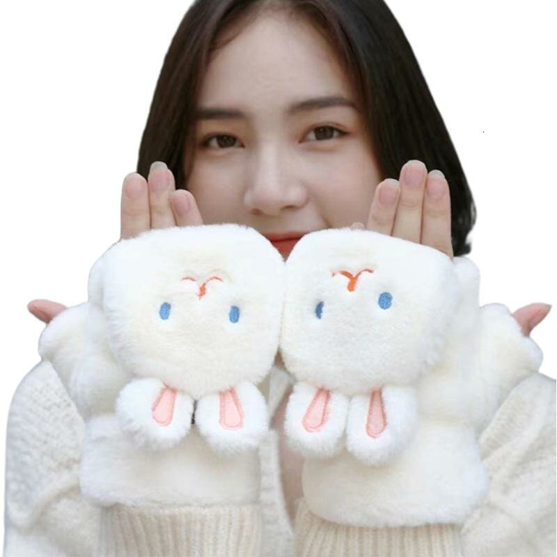 Зимние плюс бархатные толстые плюшевые перчатки без пальцев cute rabbit flip-белый