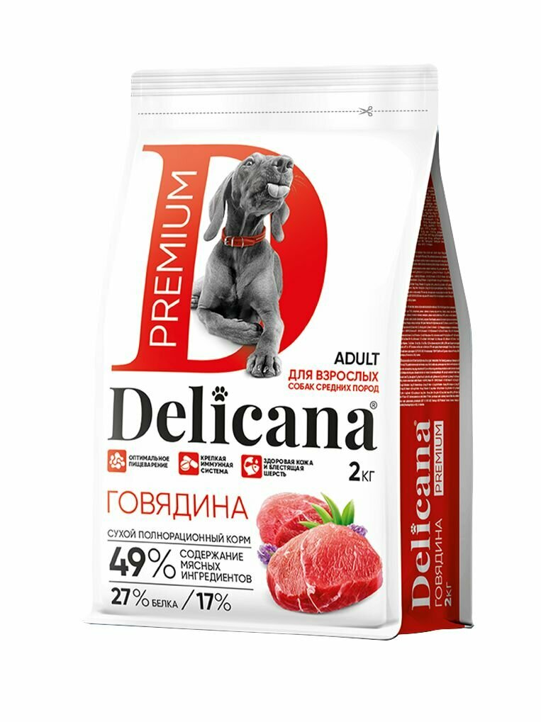 Сухой корм для собак средних пород Delicana 2 кг Говядина