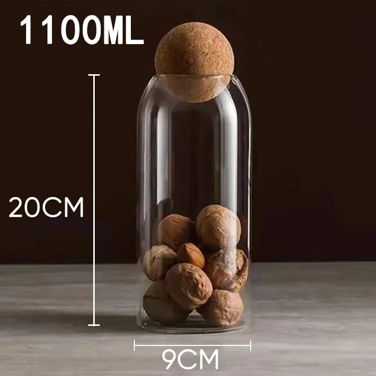 Прозрачные стеклянные банки с пробковым шариком L-1100ML