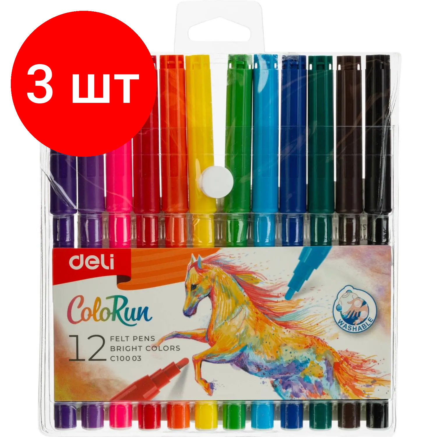 Комплект 3 упаковок, Фломастеры набор Deli ColoRun вентилир. 12цв. пакет с европодвес, EC10003
