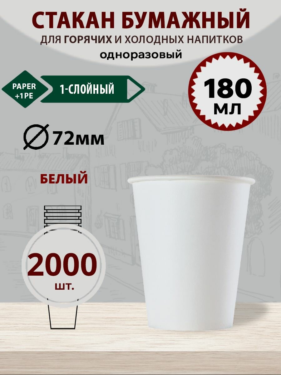 Стакан 1-слойный бумажный 180 мл d-72 мм, белый Формация, 2000 шт. (коробка 25 уп.)