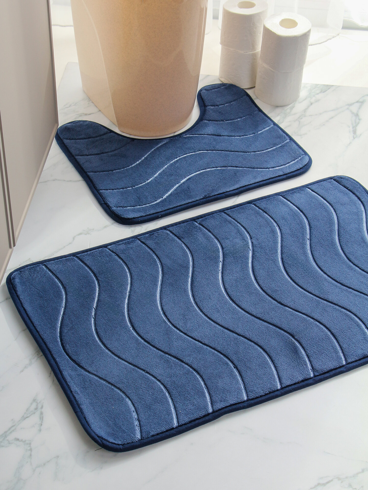 Набор ковриков для ванной, туалета 2 шт, велюр с тиснением, синий, 50х80 плюс 40х50 см, Y4-9970