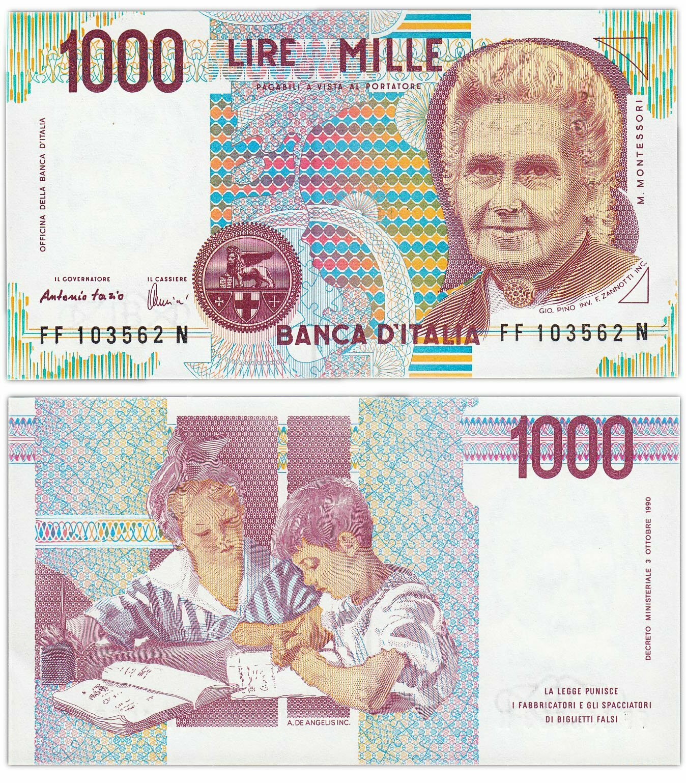 Италия 1000 Лир 1990 "Мария Монтессори Школа Монтессори"Pick 114