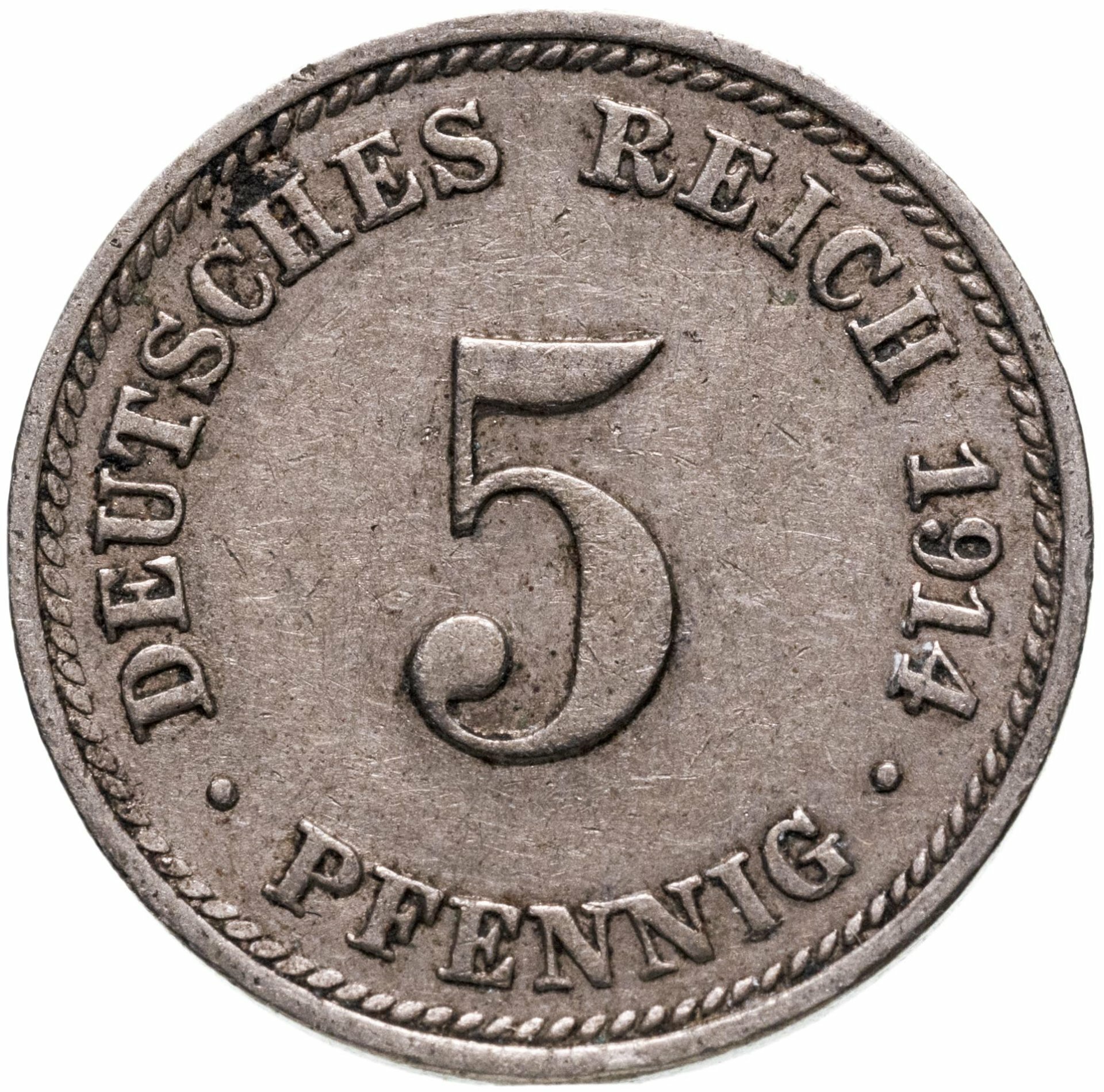 Германия 5 пфеннигов pfennig 1914 знак монетного двора: "D" - Мюнхен, Никель, в сохранности XF