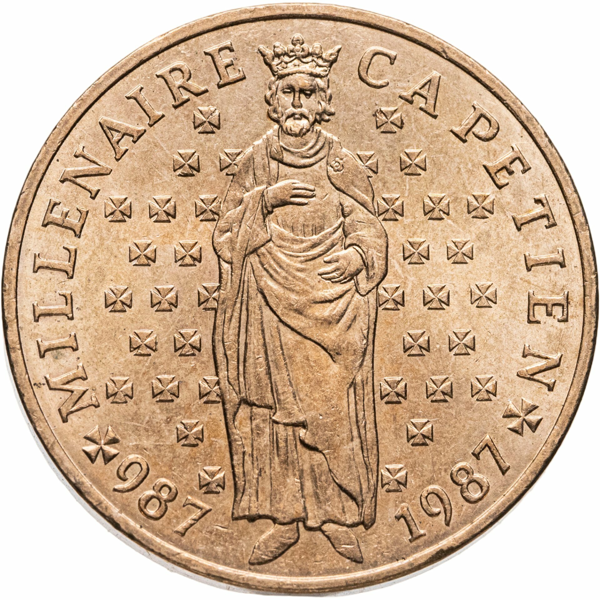 Франция 10 франков francs 1987 "Тысячелетие династии Капетингов", Латунь, в сохранности XF-AU