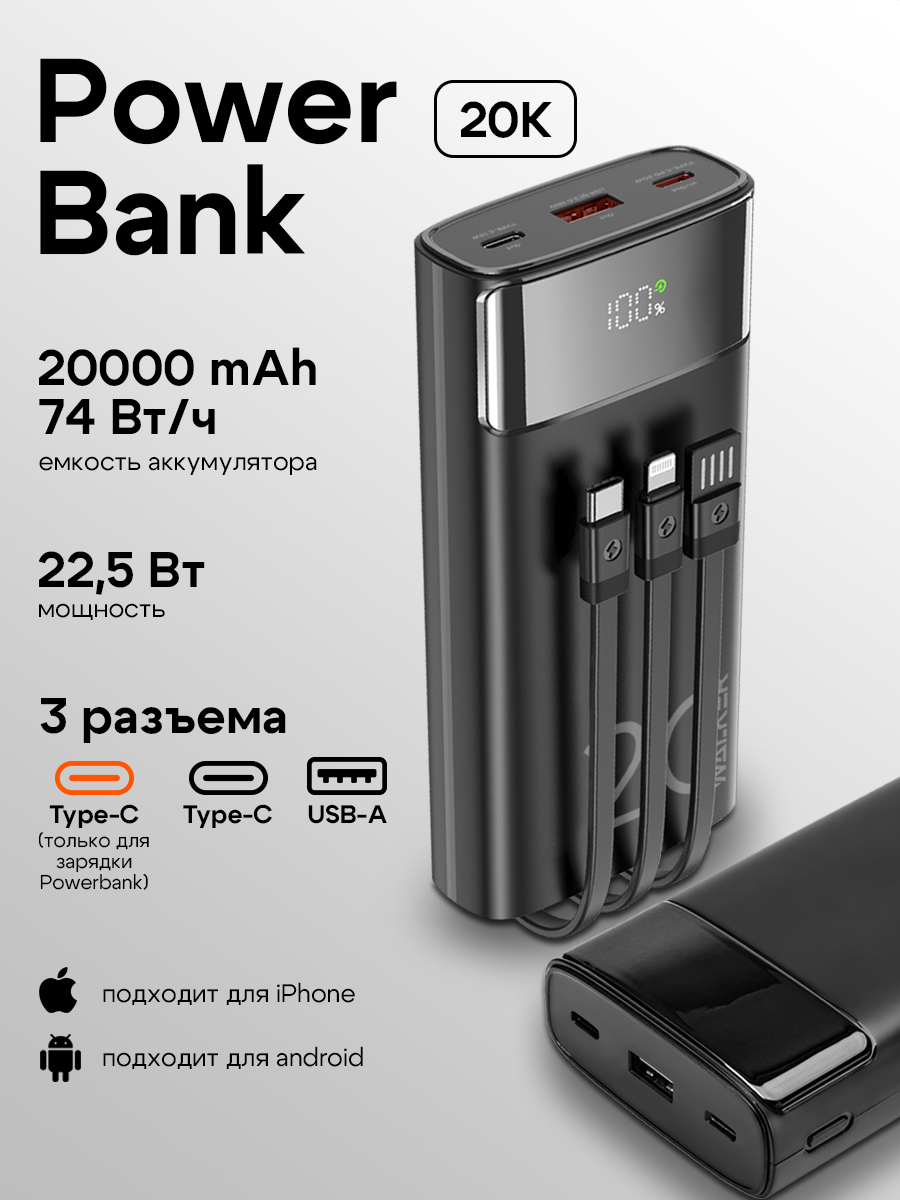 Повербанк в самолет, 20000 mAh, зарядка до 5 устройств, пауэр банк, power bank, портативный аккумулятор, черный