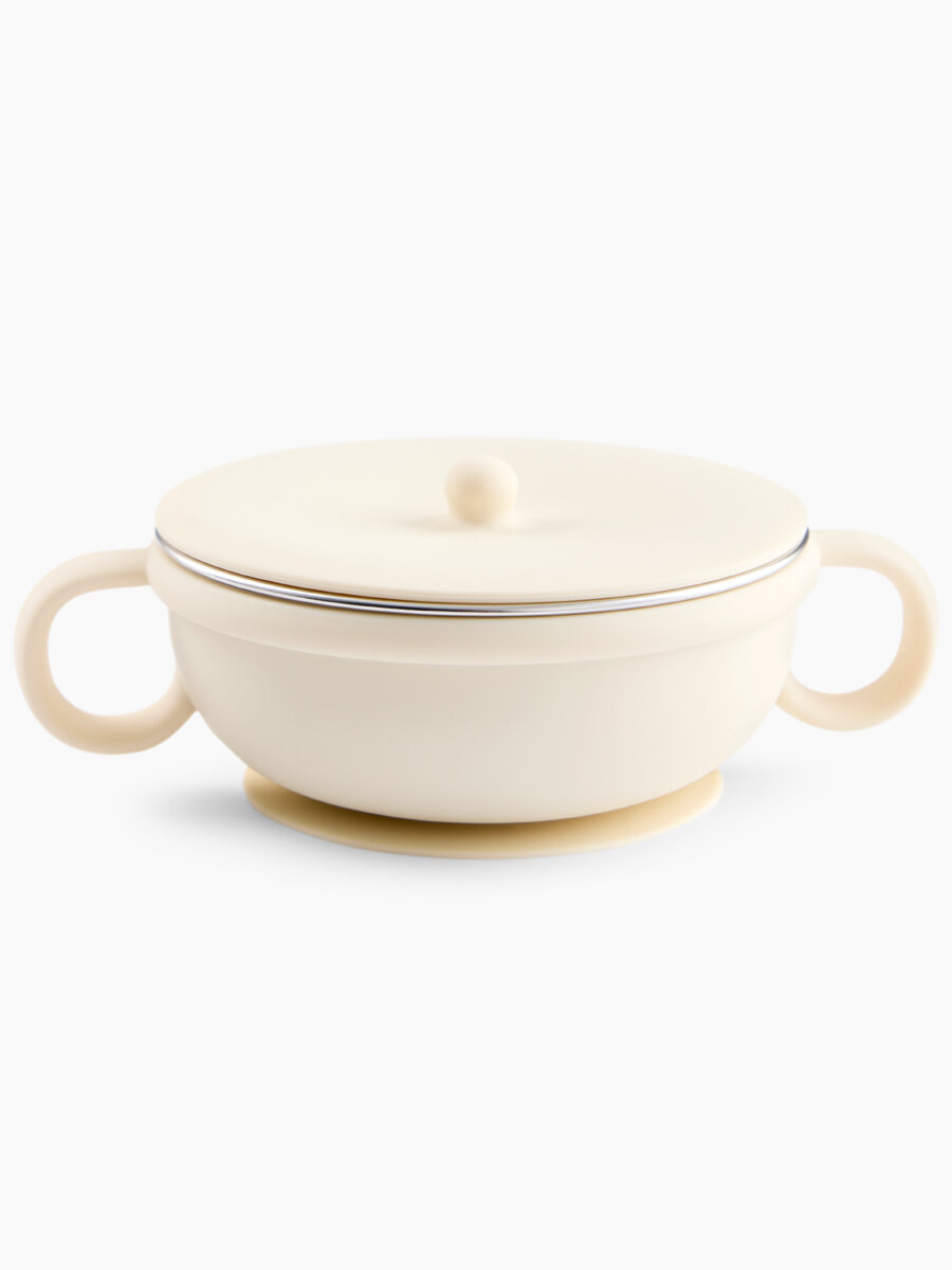 15079, Детская силиконовая тарелка на присоске Happy Baby, посуда для малышей, миска с крышкой, 250 мл, кремовая