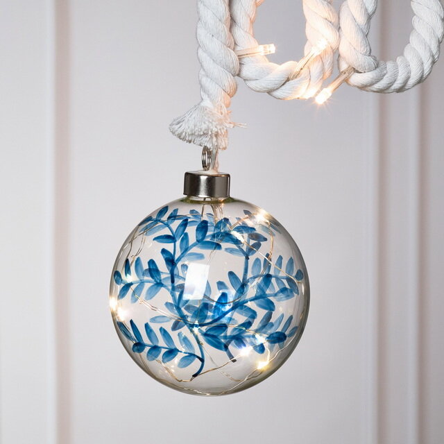 Декоративный подвесной светильник Шар Голубые Листья 10 см, 10 теплых белых LED ламп, на батарейках, Peha (Пеха), GF-22260