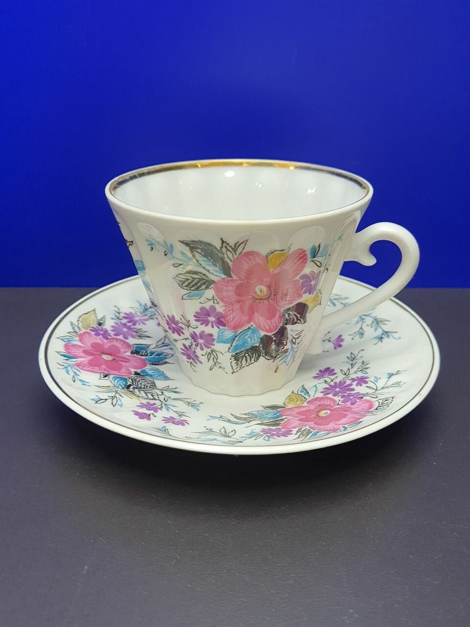 Чайная пара Март, форма Лучистая, фарфор ЛФЗ, СССР, 1960-1980 гг.