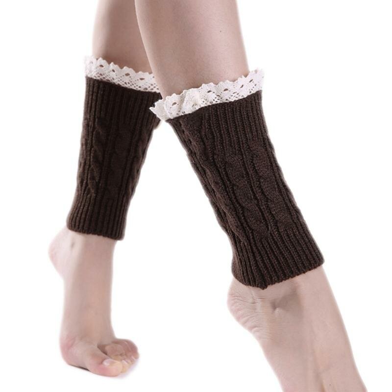 Женские вязаные гольфы с кружевной отделкой и пуговицами, Коричневый