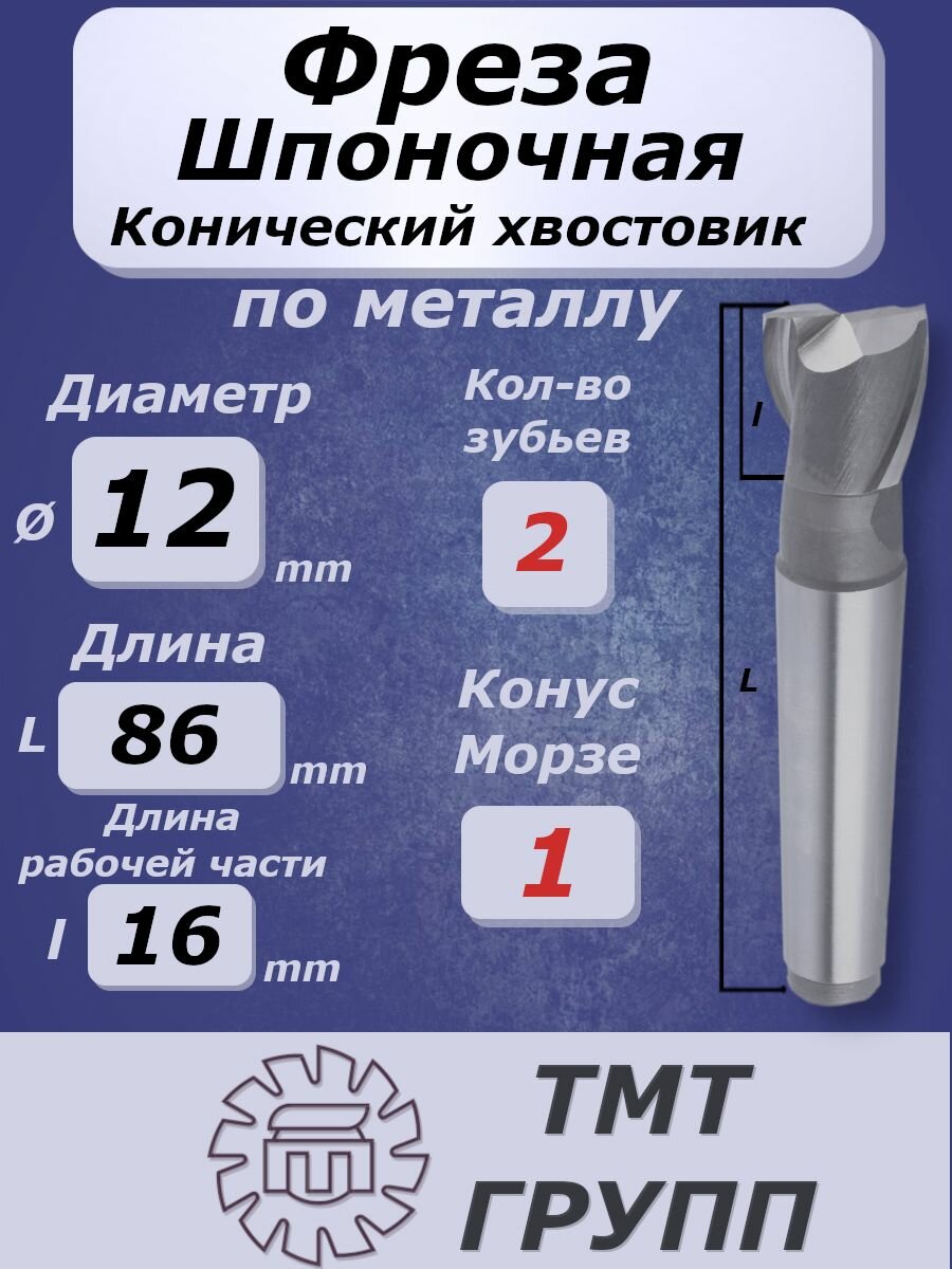 Фреза 12 мм. шпоночная по металлу, к/х КМ1 Р6М5