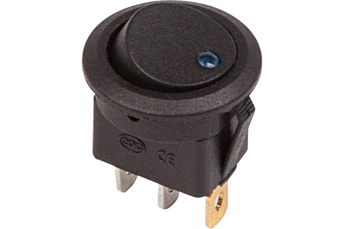 Круглый выключатель клавишный Rexant ON-OFF черный с синей подсветкой (12В 16А (3с)) {36-2581}