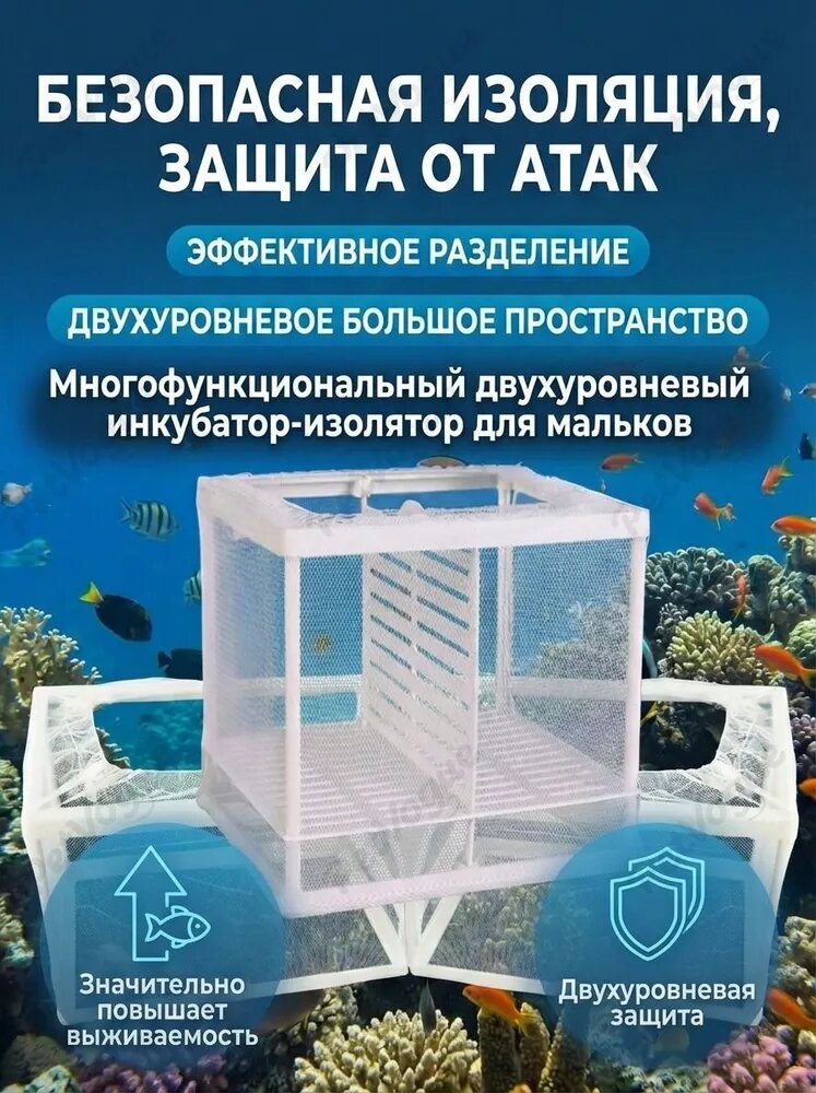 Инкубатор для мальков, Изолятор для аквариума, 2-х уровневый с перегородкой, мелкая сетка, мощные присоски, для гуппи и петушков Сетчатый изолятор малый (без перегородки)