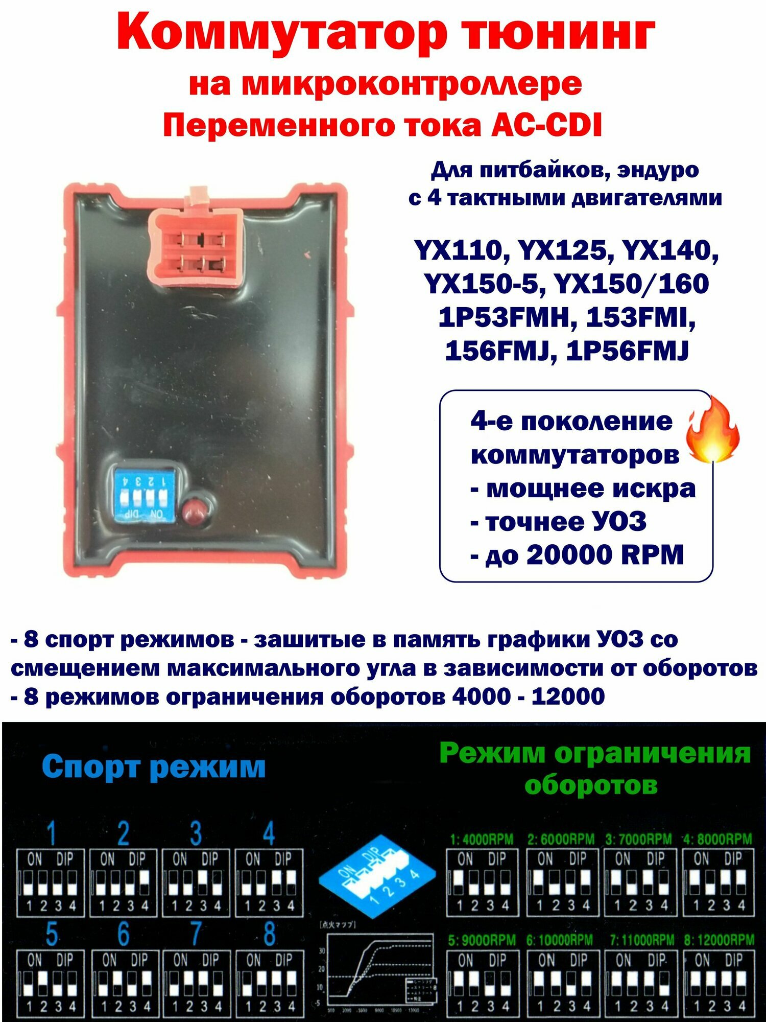 Коммутатор тюнинг YX110, 125, 140, 150, 160 - для питбайков - спорт режим, режим ограничения оборотов 4 поколение