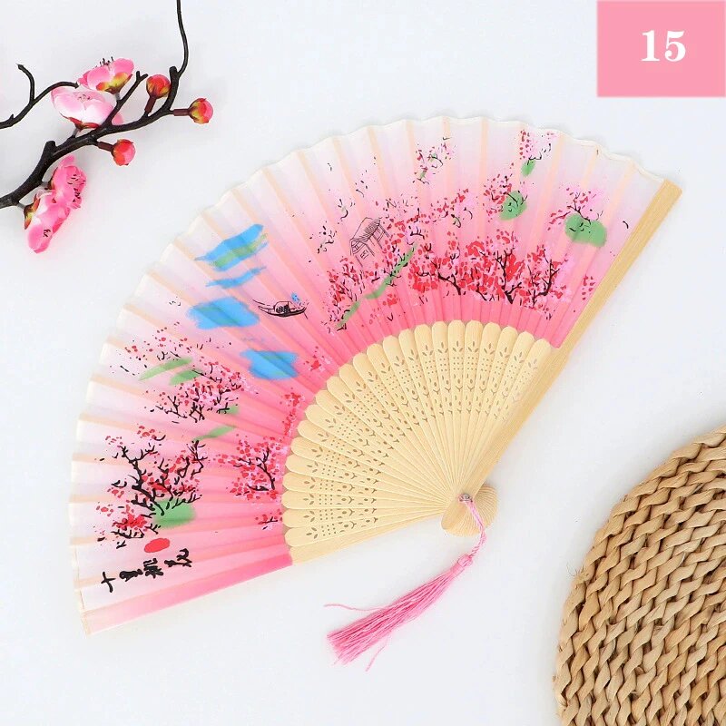 Складной шелковый бамбуковый веер Розовый, Style 15