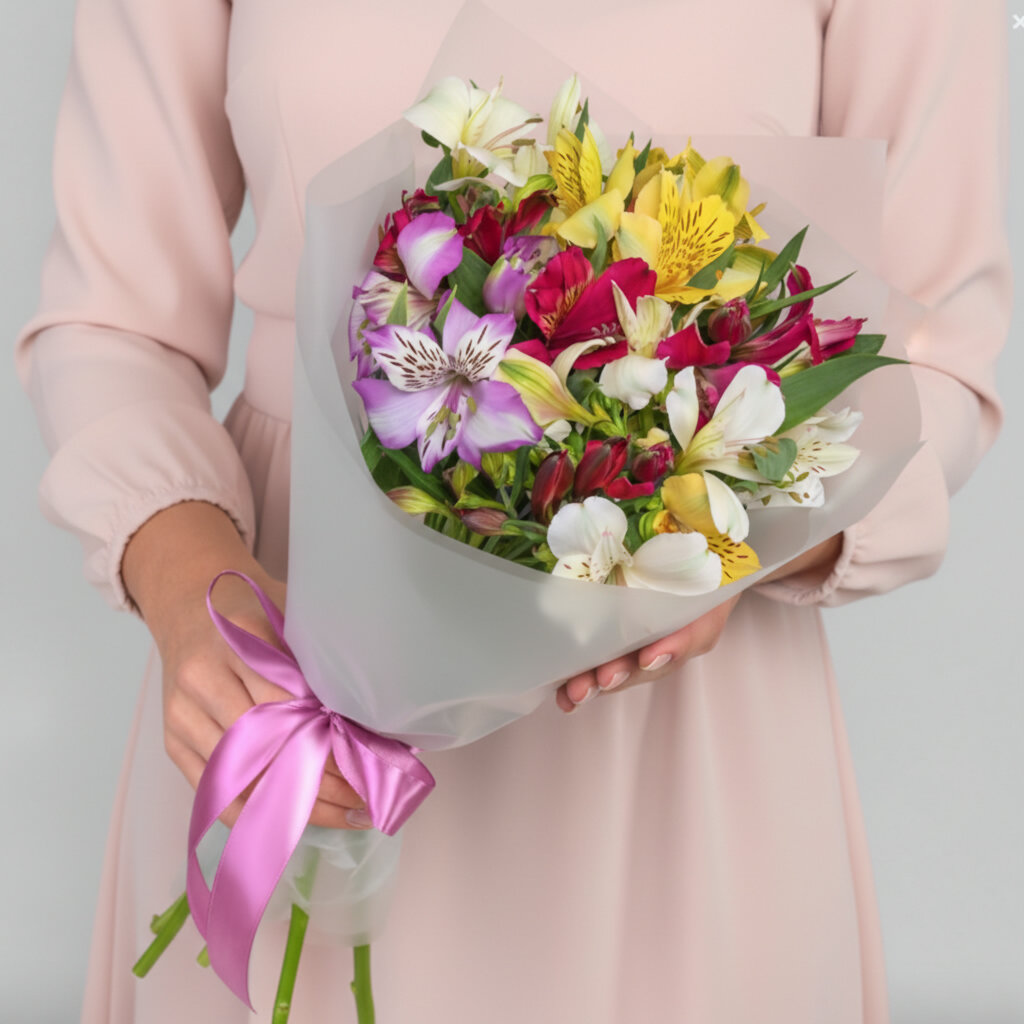 Букет Мегацвет24 "Альстромерии Микс", на стеблях, высота 40см, 9 цветков