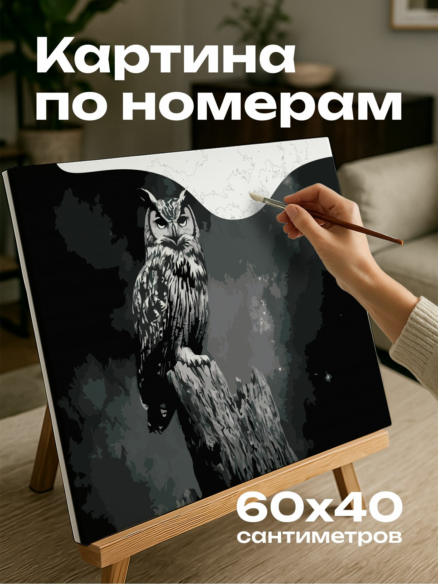 Картина по номерам 60x40 см, Сова, уголь, ветка, ночное небо, звезды, задумчивость, мудрость, влияние, знание