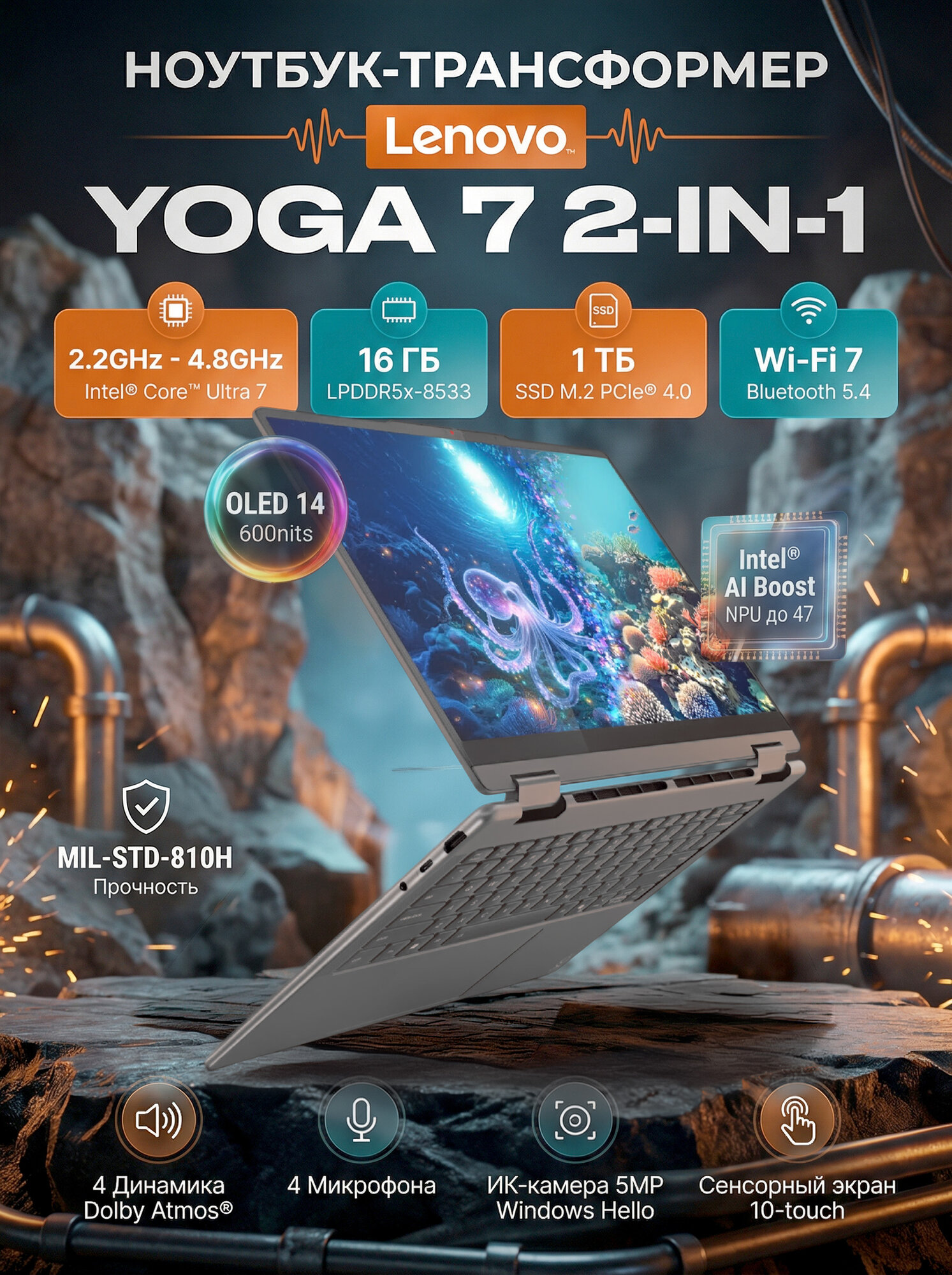 Ноутбук-трансформер Lenovo Yoga 7 2-in-1 14ILL10 83JQ003FRK Luna Grey, 14" WUXGA OLED 60Hz Touch + Lenovo Yoga Pen, Intel Core Ultra 7 256V, Intel Arc 140V, 16 GB LPDDR5x-8533, SSD 1TB G4, WINDOWS 11 PRO, клавиатура RU/US, гарантия 1 год