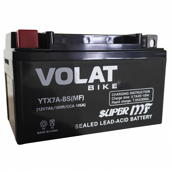 Аккумулятор мотоциклетный Volat 7Ah 105А YTX7A-BS ПП (MF) L+ (150x87x94) 150x87x94