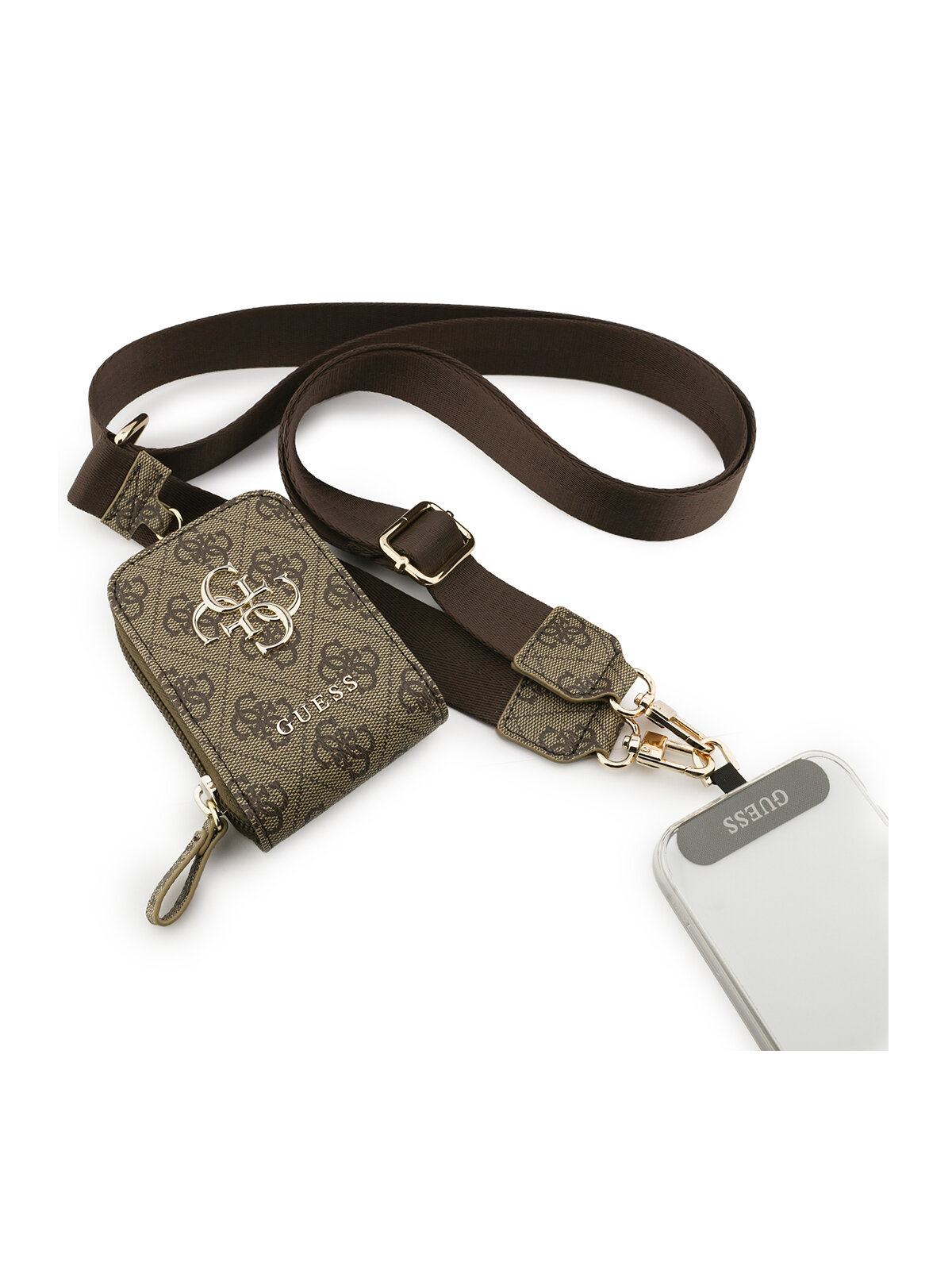 Шнурок на шею Guess для смартфона, кросс-боди, с кошельком, из экокожи PU leather, коричневый